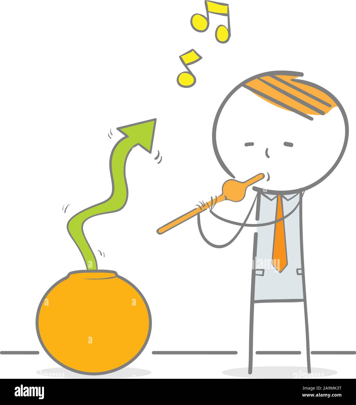 Doodle illustration of businessman playing flute to charm arrow chart ...