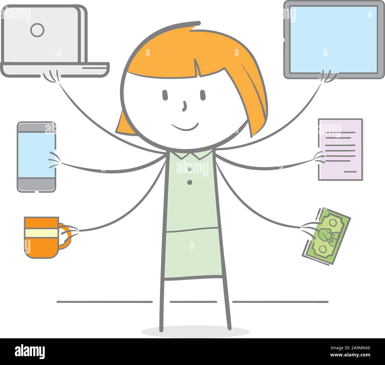 Doodle stick woman with hand holding various object, multitasking ...