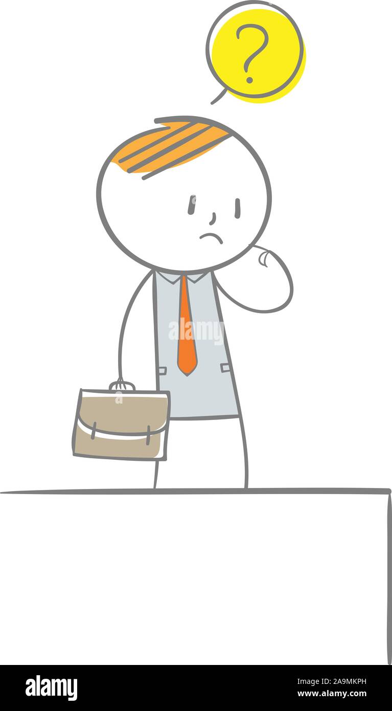 Doodle stick figure: A business man thingking how to escape the cliff ...