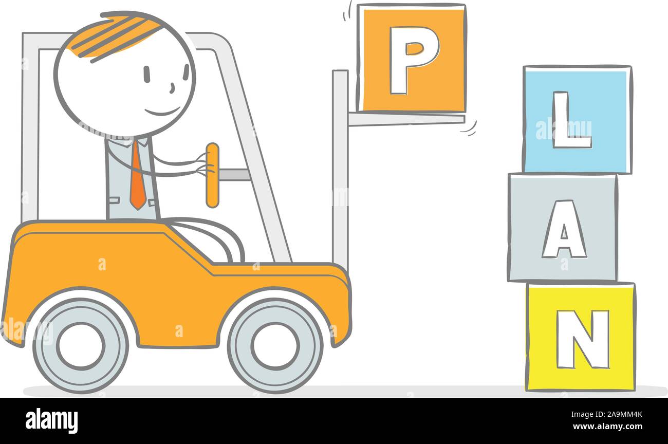 Doodle stick figure: Businessman building plan piece by piece Stock ...