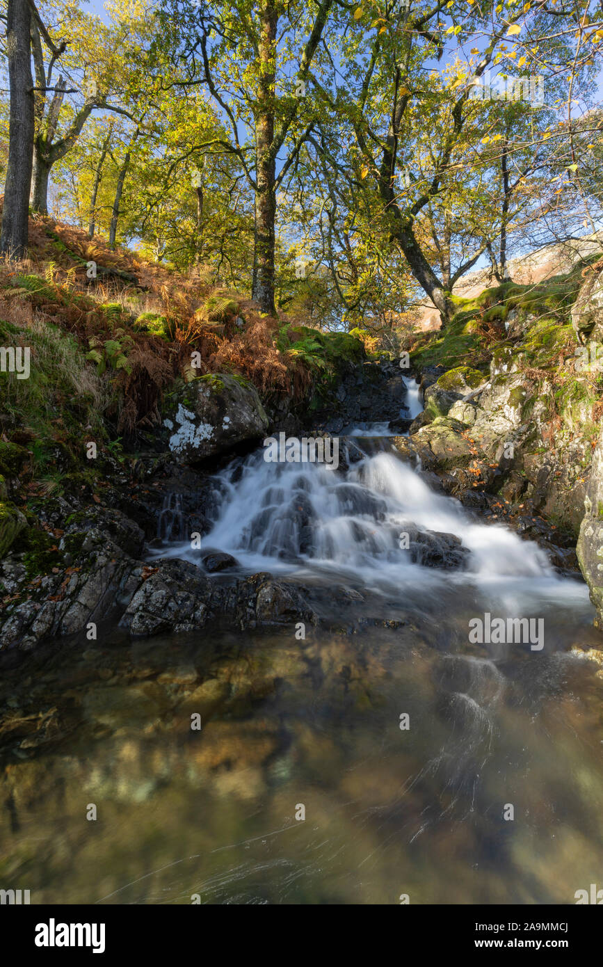 The River Derwent cascading down a series of waterfalls near Seatoller ...