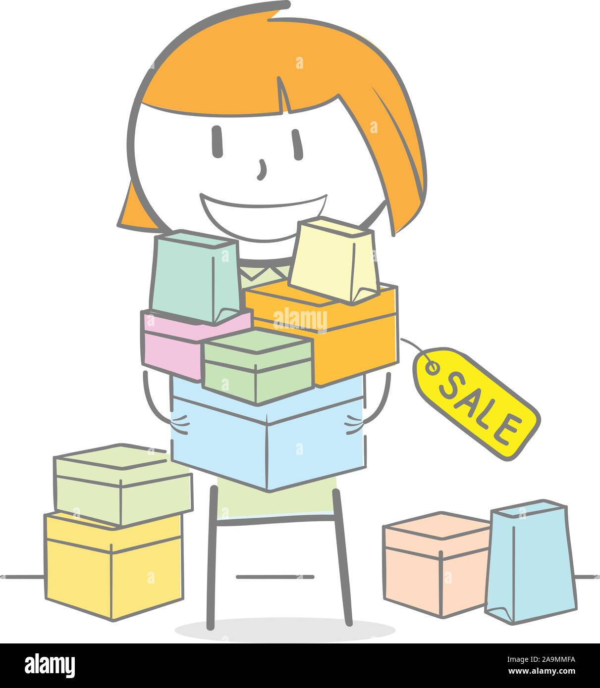 Doodle illustration of shopping woman with overload products Stock ...