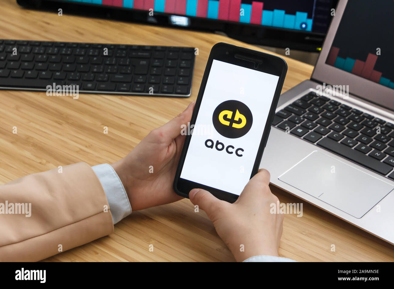 ABCC Cryptocurrency Exchange Market. Female Trader Hands Holding the ...