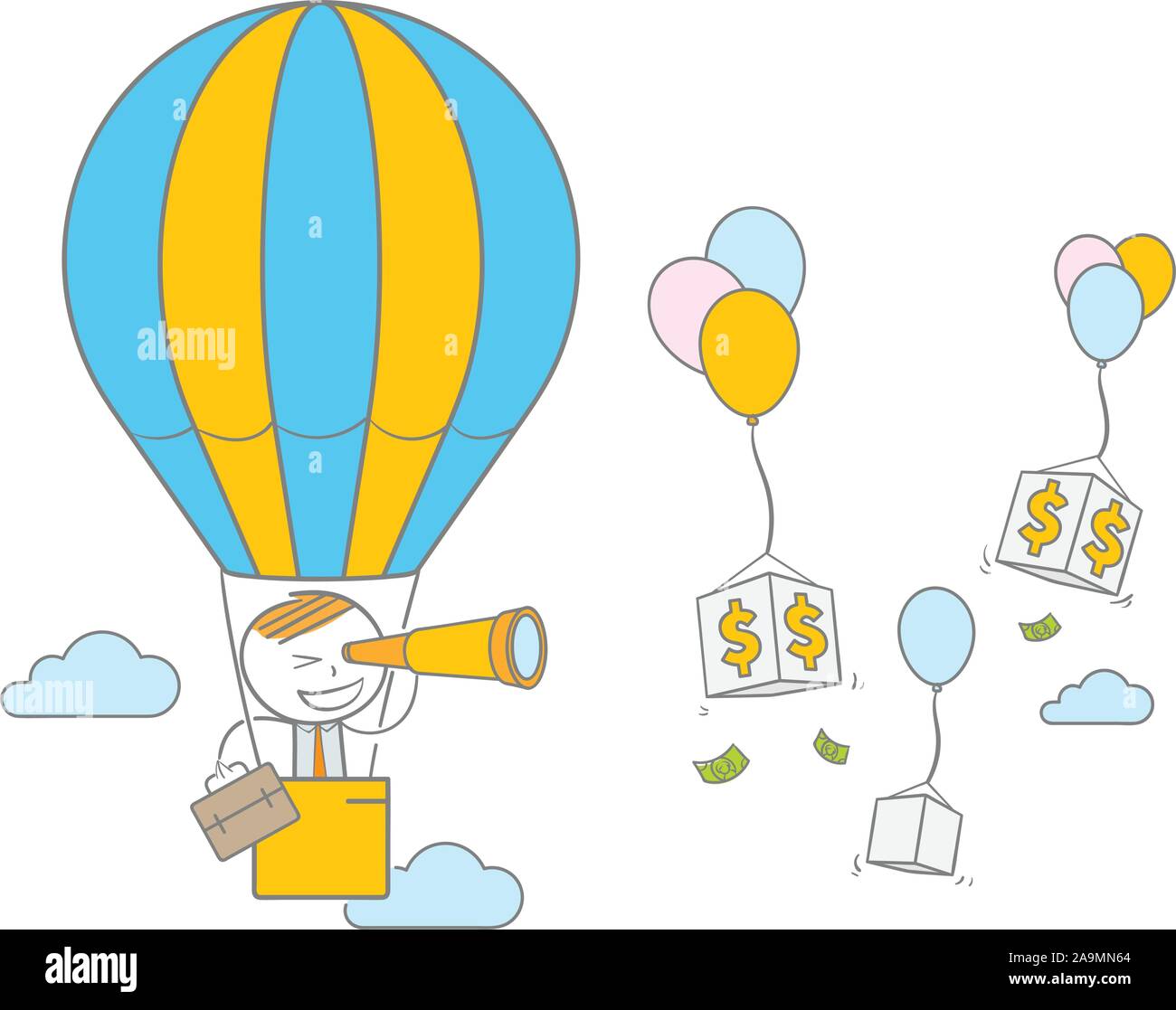 Doodle stick figure on air balloon looking for dollar sign through a ...