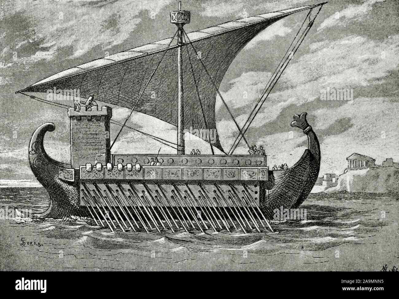 Roman Trireme. Engraving by Serra. Museo Militar, 1883 Stock Photo - Alamy