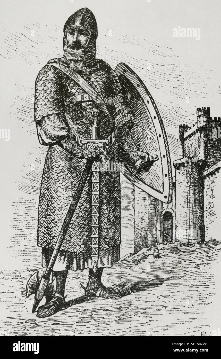 Middle Ages. 11th century warrior. Engraving. Museo Militar, 1883 Stock ...