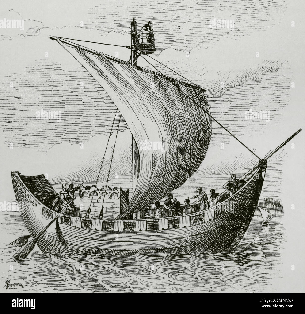 Middle Ages. Ship of the eleventh and twelfth centuries. Engraving by ...