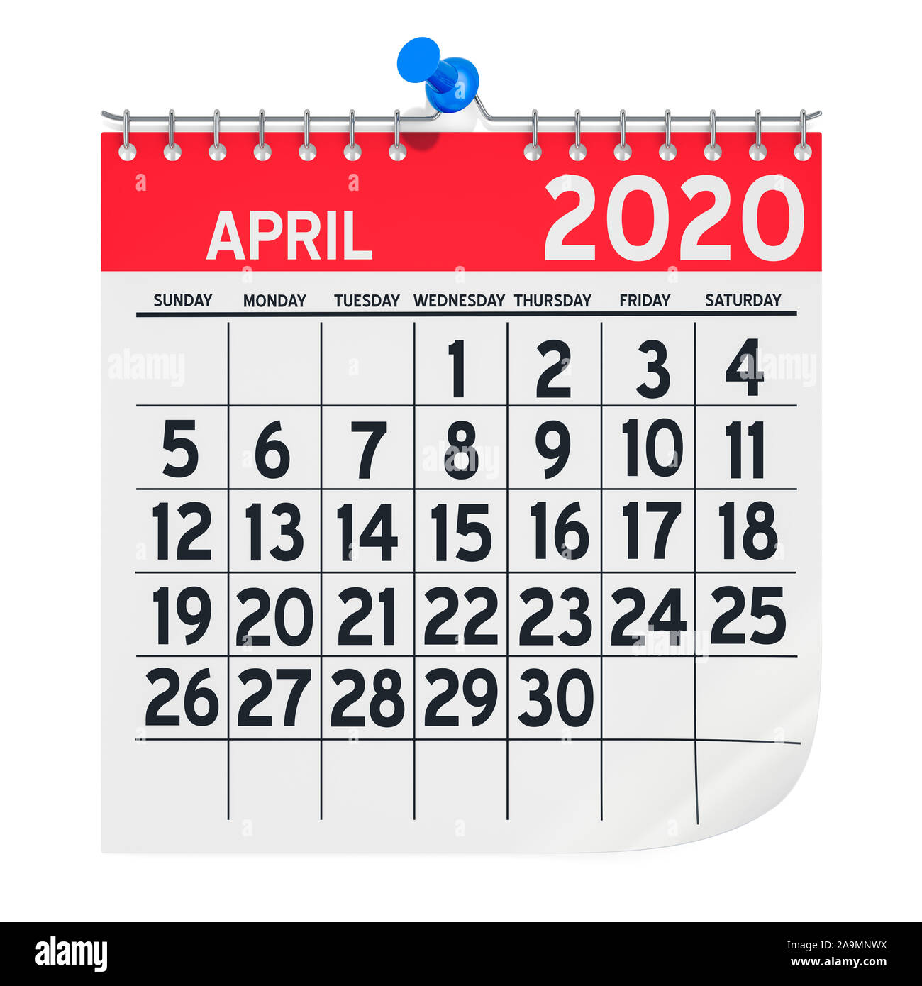 April 2020 Monthly Wall Calendar, 3D rendering isolated on white ...
