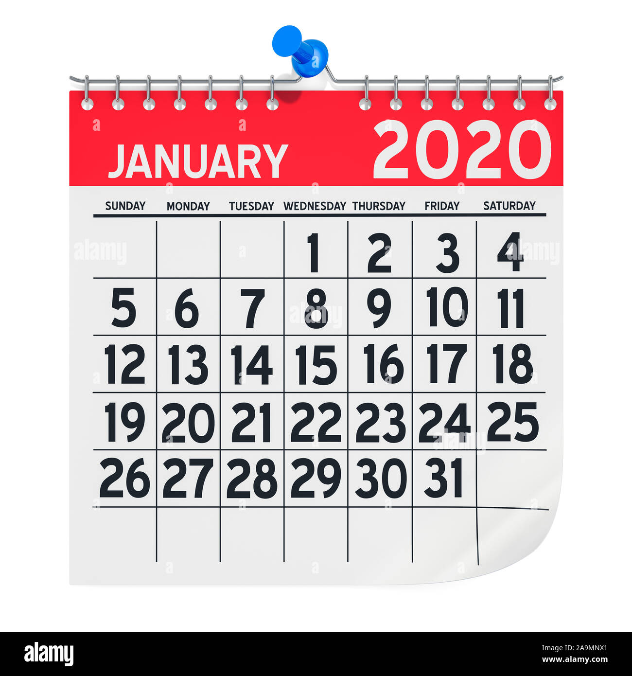 January 2020 Monthly Wall Calendar, 3D rendering isolated on white ...