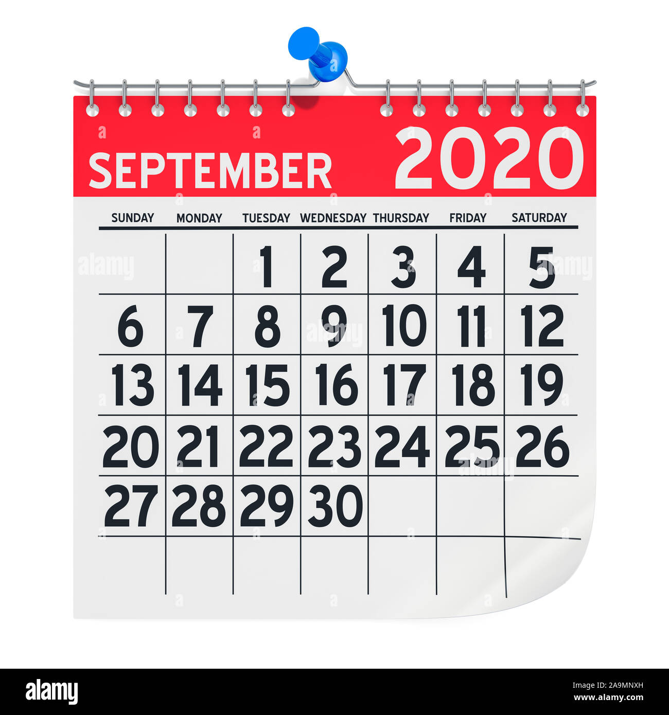 September 2020 Monthly Wall Calendar, 3D rendering isolated on white ...