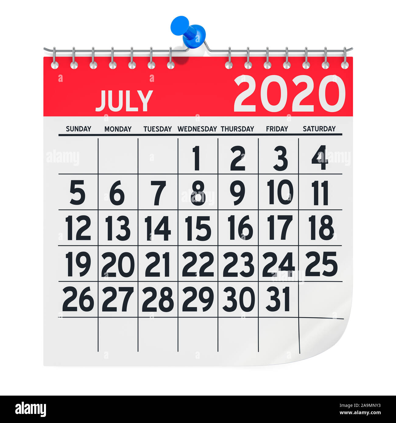 July 2020 Monthly Wall Calendar, 3D rendering isolated on white ...