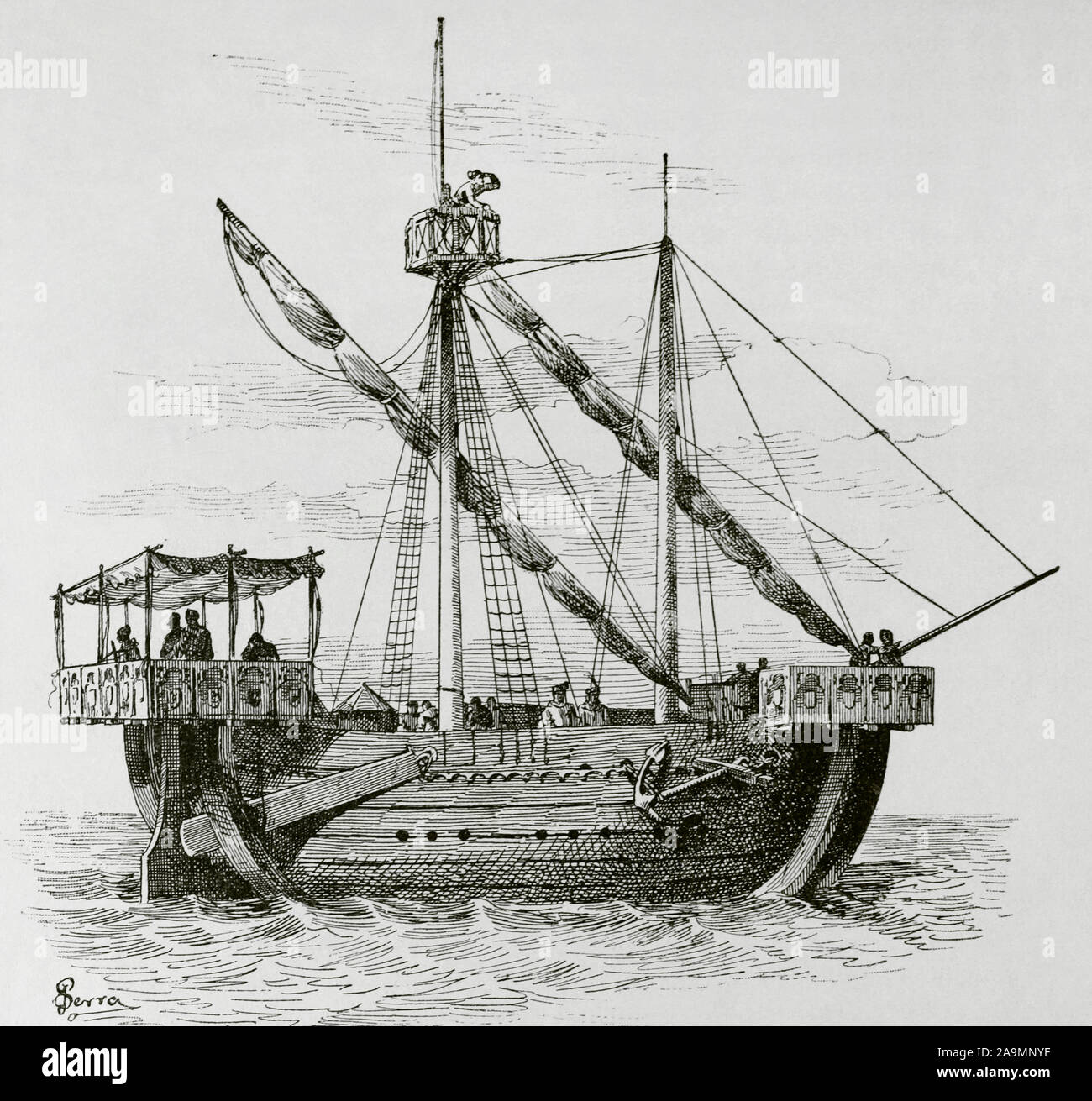 Middle Ages. Ship of the thirteenth and fourteenth centuries. Engraving ...