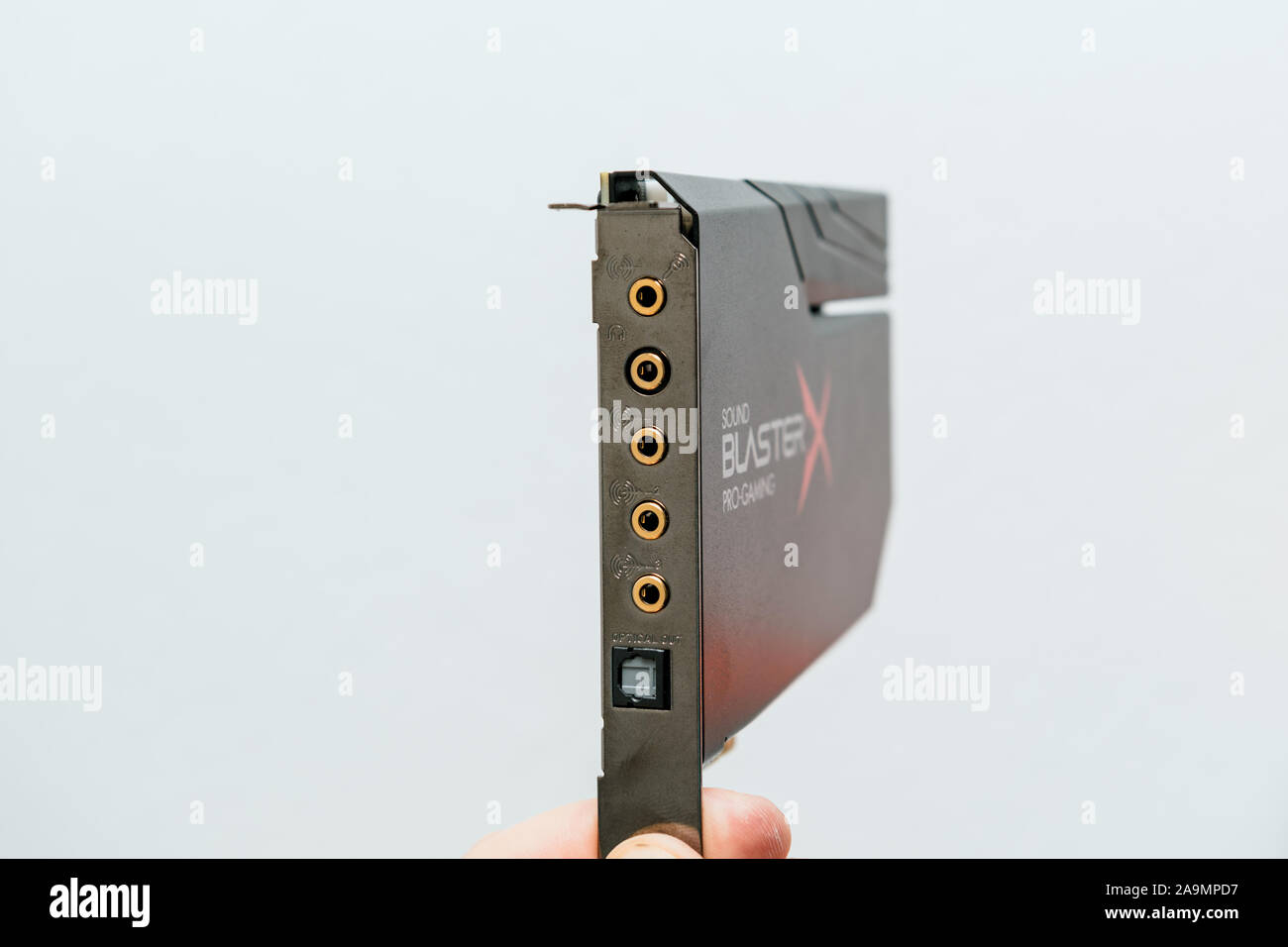 Lyon, France - Aug 9, 2019: Side view of man hand holding new Creative ...