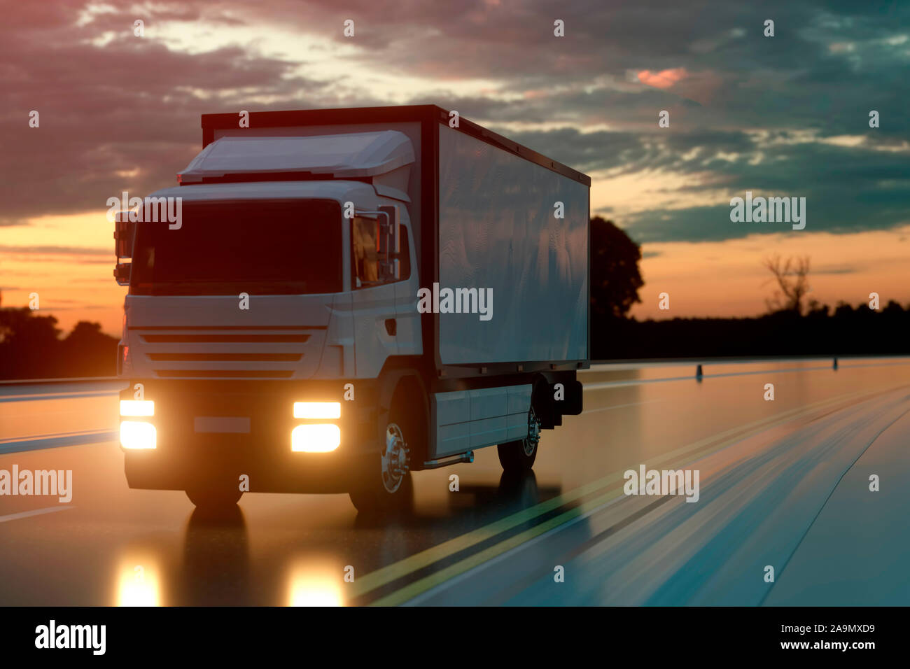 Delivery truck on asphalt road highway at sunset - transportation background. 3d rendering Stock ...