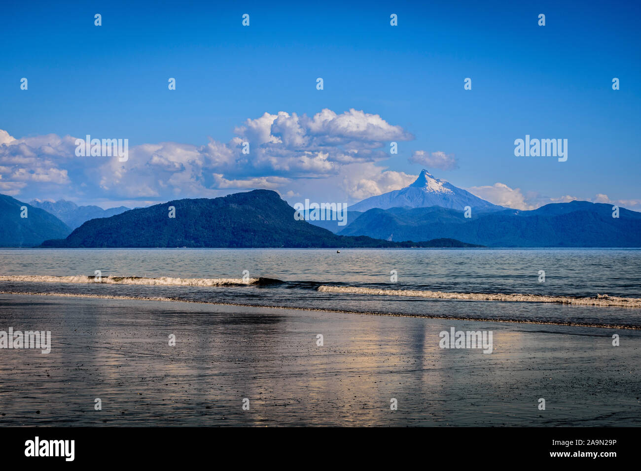 Landscape view of Corcovado volcano seen from Santa Barbara beach in ...