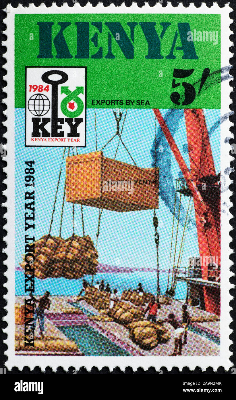 Cargo ship loaded with kenyan goods on postage stamp Stock Photo - Alamy