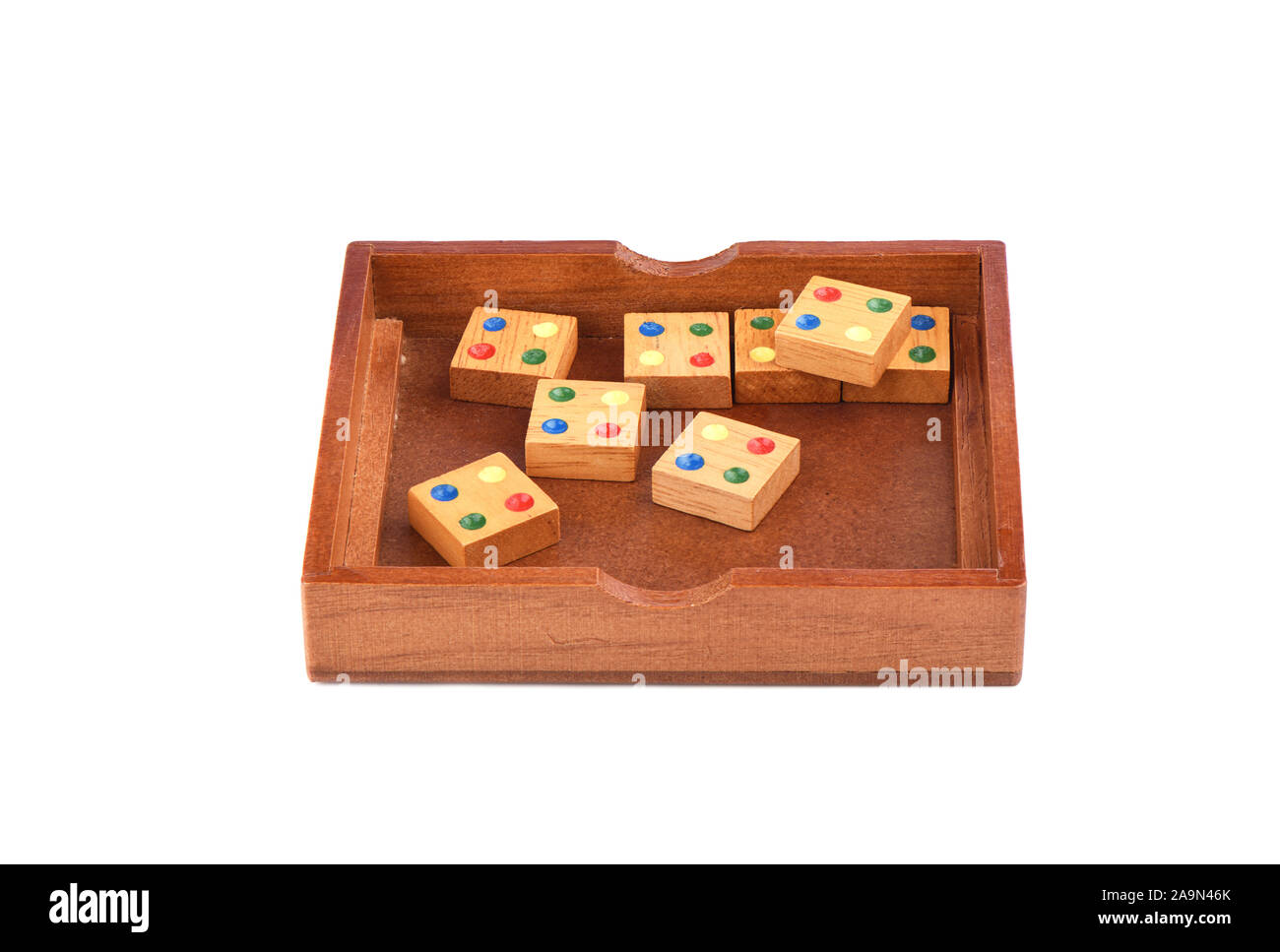 Box with pieces of mosaic puzzle isolated on white background. Puzzle ...