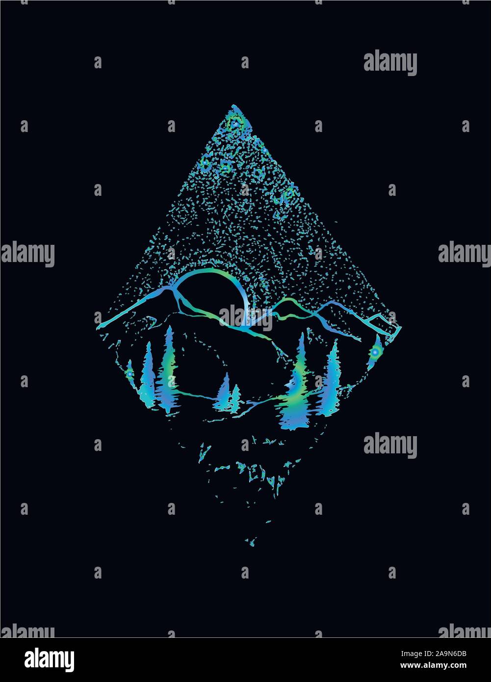 Neon illustration of mountains, trees, sunset or sunrise in a rhombus ...