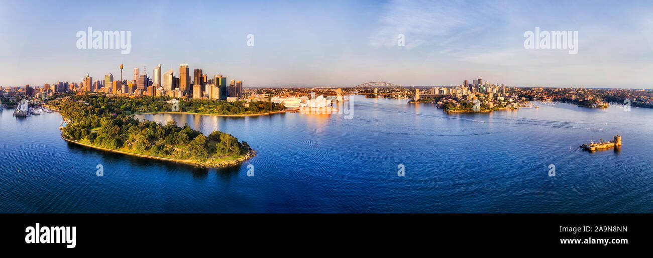 BLue surface of Sydney harbour around city CBD landmarks on waterfront ...