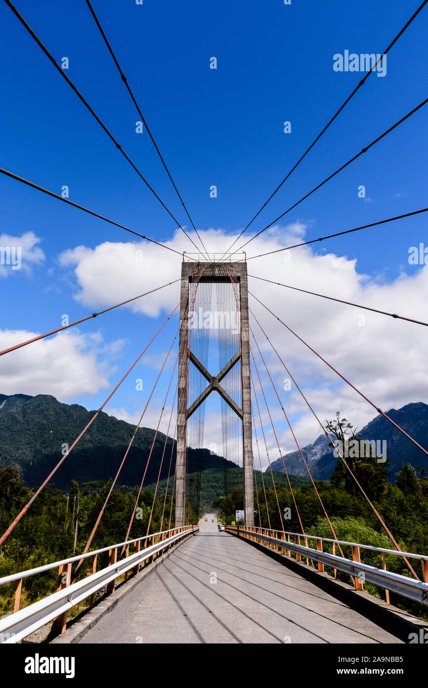 Suspension bridge over Yelcho Lake in Puerto Cardenas, Los Lagos region ...