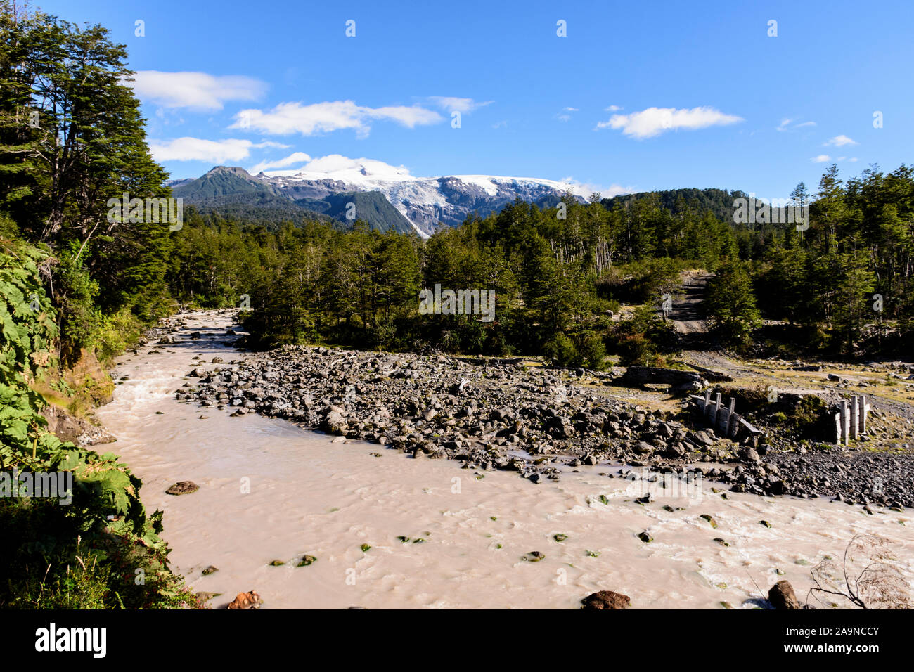 Stunning view of Michinmahuida river in the forest in Pumalin Park ...