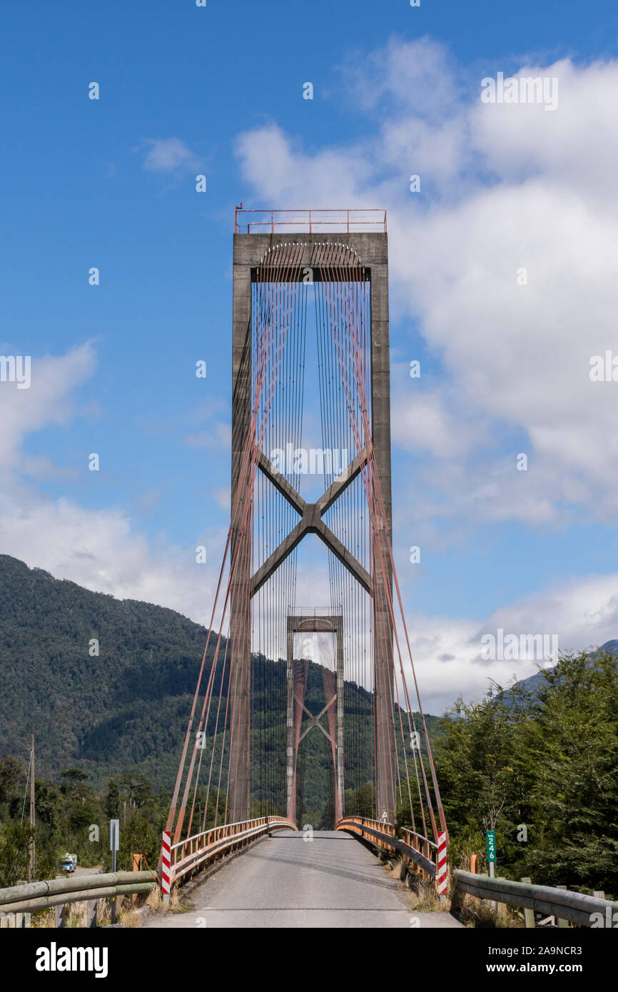Suspension bridge over Yelcho Lake in Puerto Cardenas, Los Lagos region ...