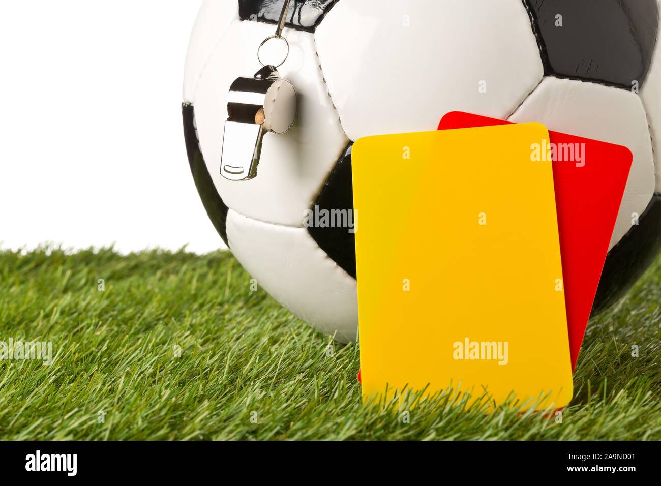Single black and white soccer sports ball with referee whistle and ...