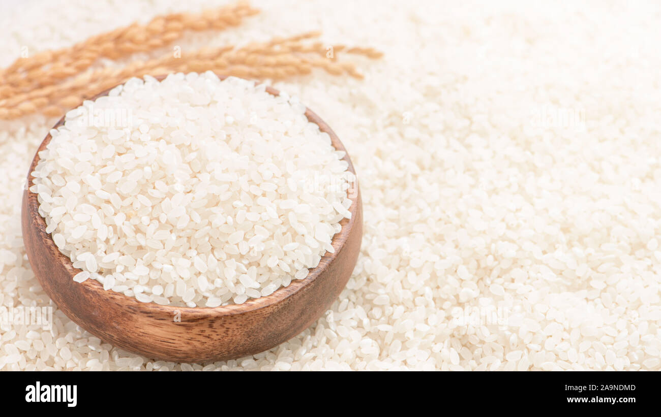 Raw white polished milled edible rice crop on white background in brown ...