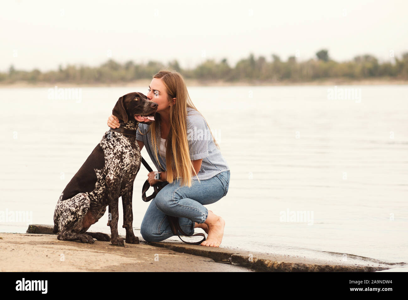 Best friends young woman and German Shorthaired Pointer sitting on by ...