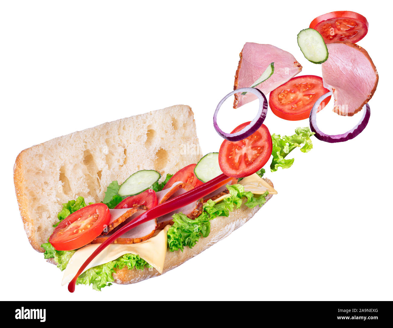 sandwich with falling in ciabatta bread ham and splashing ketchup. Fast ...