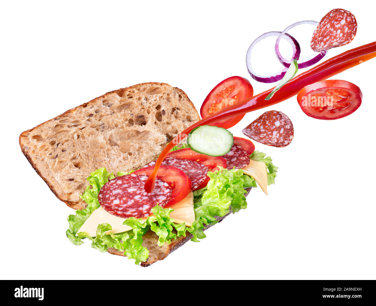 sandwich with falling in bread salami and splashing ketchup. Fast food ...