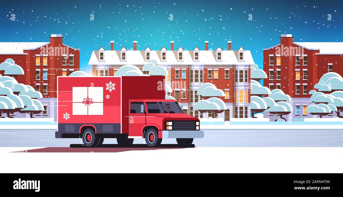 santa claus driving delivery van with gift box container shipping ...