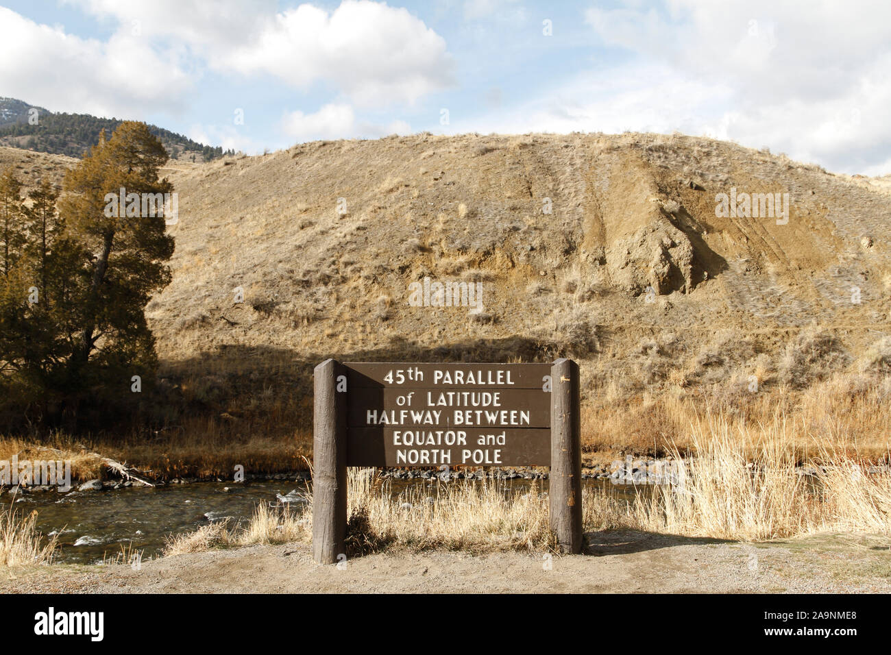 45th Parallel sign near the Gardiner River in the northern part of ...