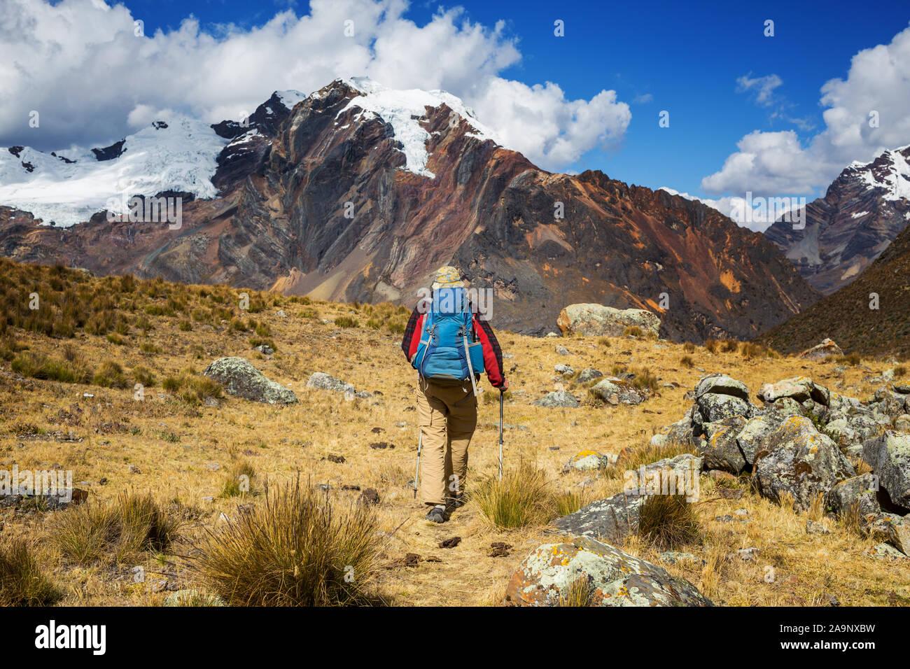 Hiking scene in Cordillera mountains, Peru Stock Photo - Alamy