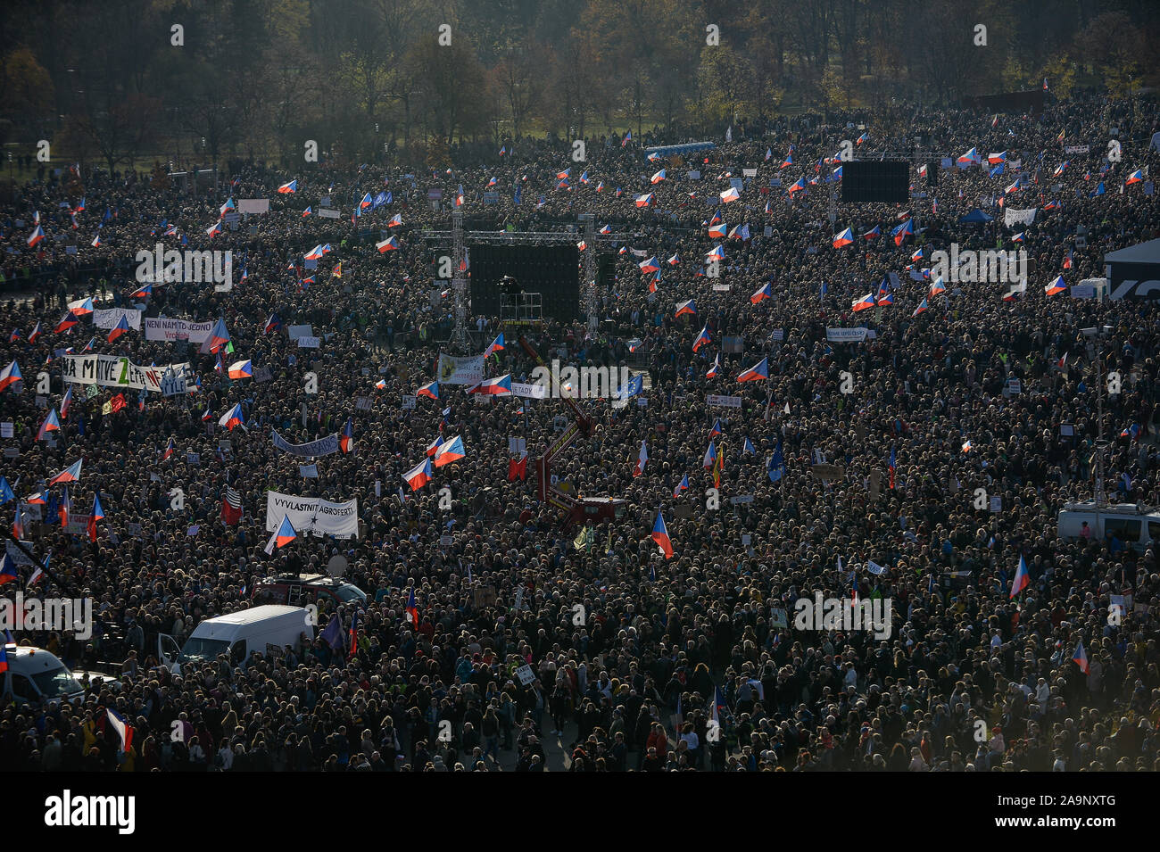 Prague, Czech Republic. 16th Nov, 2019. Crowd of protesters with flags ...
