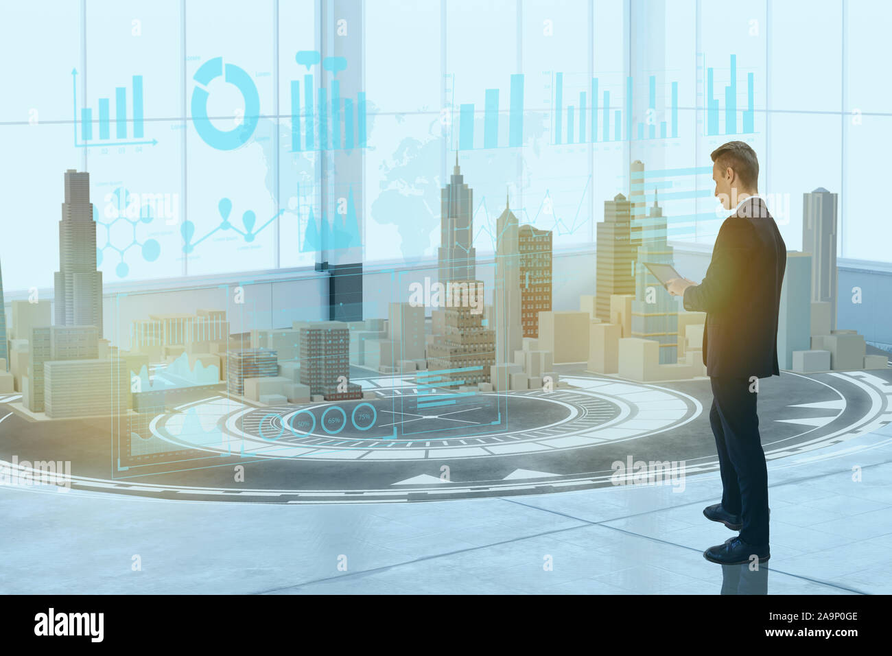 business man use augmented mixed virtual reality integrate artificial ...