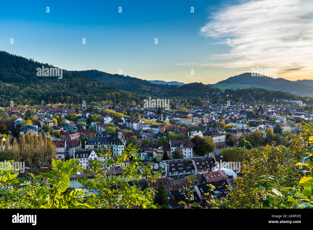 Germany, Aerial view above freiburg im breisgau city skyline with ...