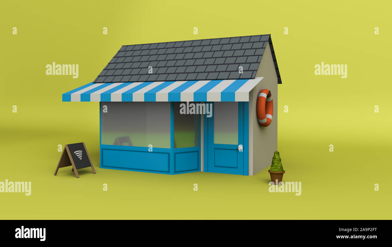 SURF N' WEAR'S Beach shop 3d illustration render house modern floor ...