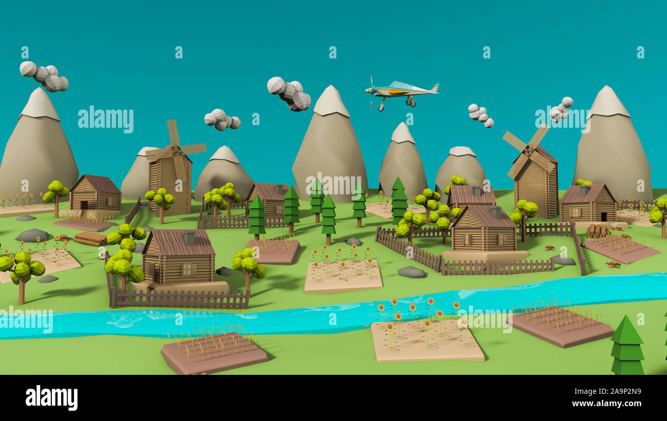 Isometric low poly village, 3D rendering, Farm rural landscape. house ...