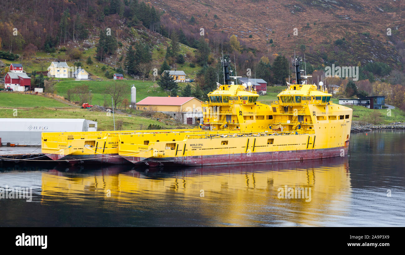 Two offshore supply ships are pictured in Torvik, Norway. Torvik is a ...