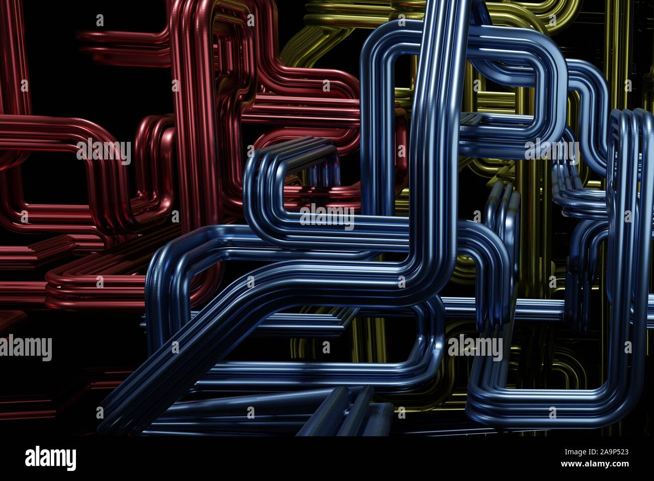 Abstract shape of tube or pipe on dark background. Red, blue, yellow of ...