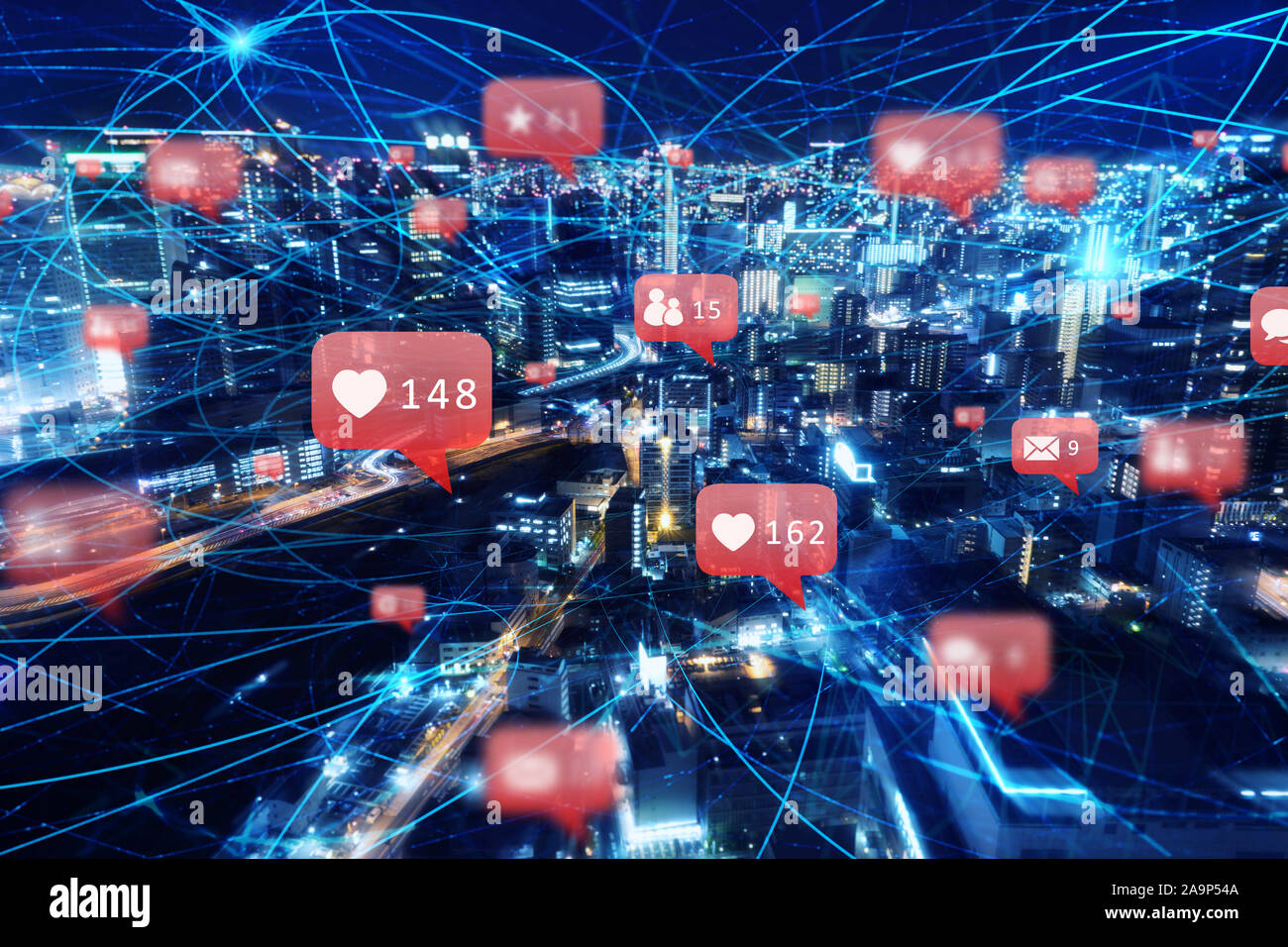 Fast internet connection in the city at night. Concept of social ...