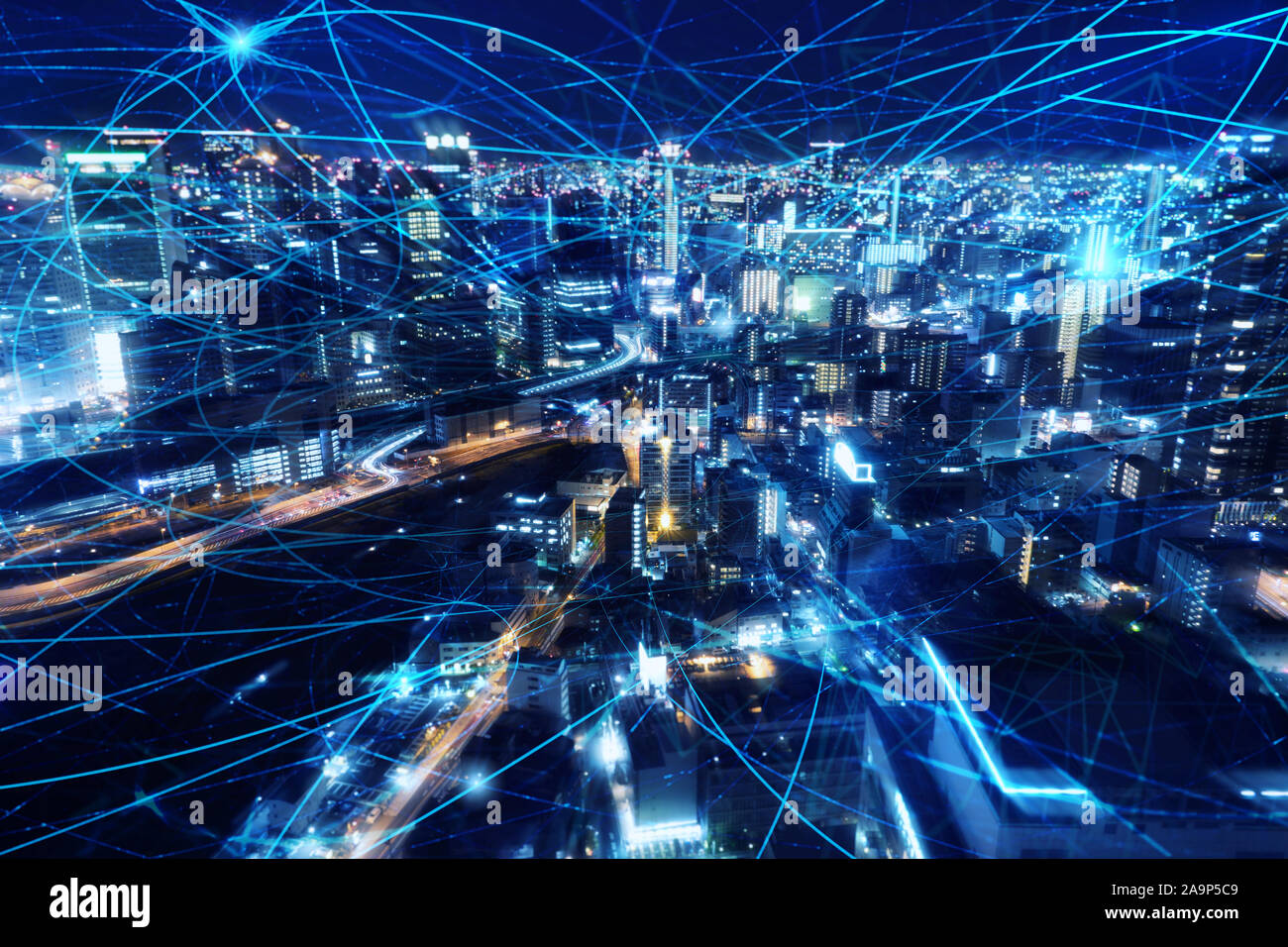 Fast internet connection in the city at night. Concept of technology ...