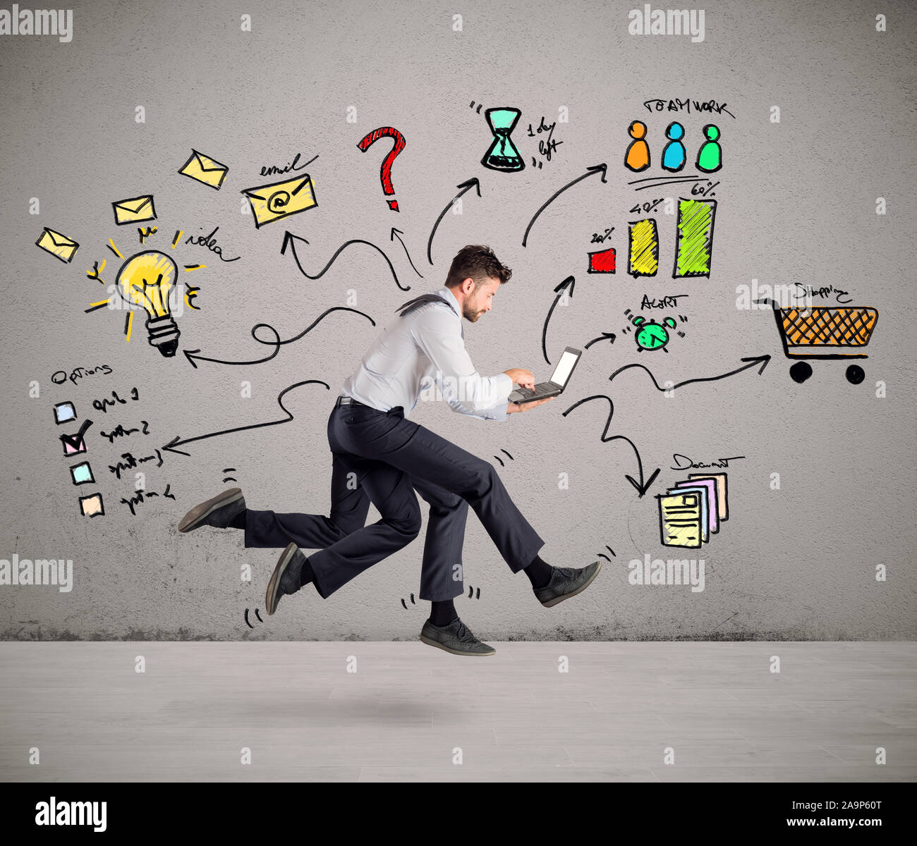 Businessman with four legs runs with too many tasks on laptop. Concept ...