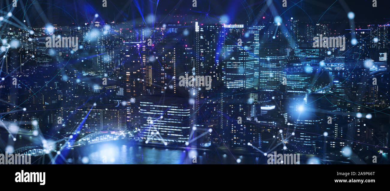 Fast connection in the city at night. Concept of social network and ...