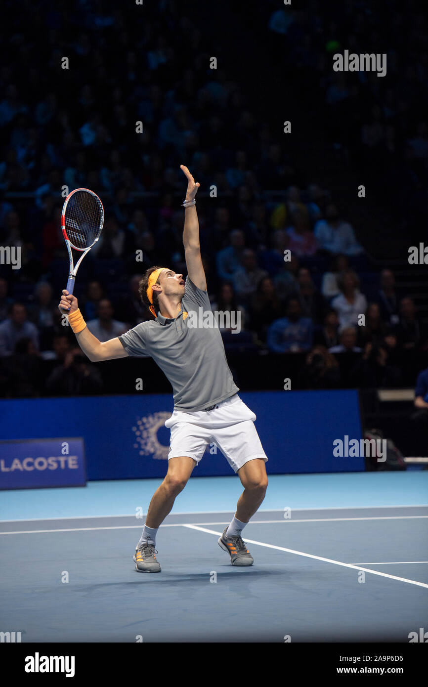 O2 Arena, North Greenwich, London, UK. 2019 Nitto ATP Finals semi-final match between Dominic ...