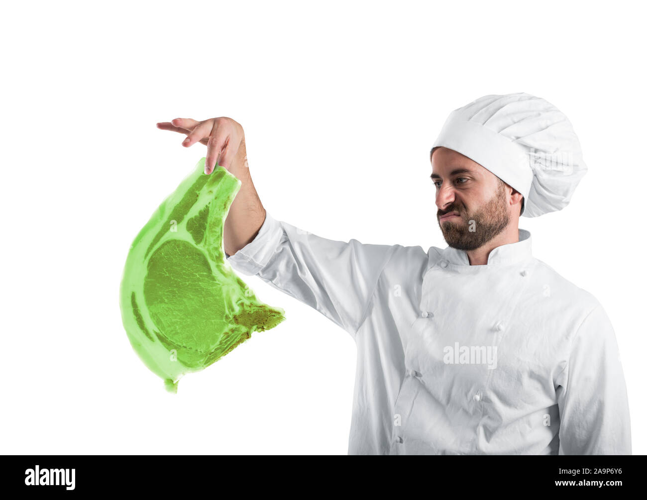 Chef with radioactive and contaminated meat steak. Concept of pollution ...