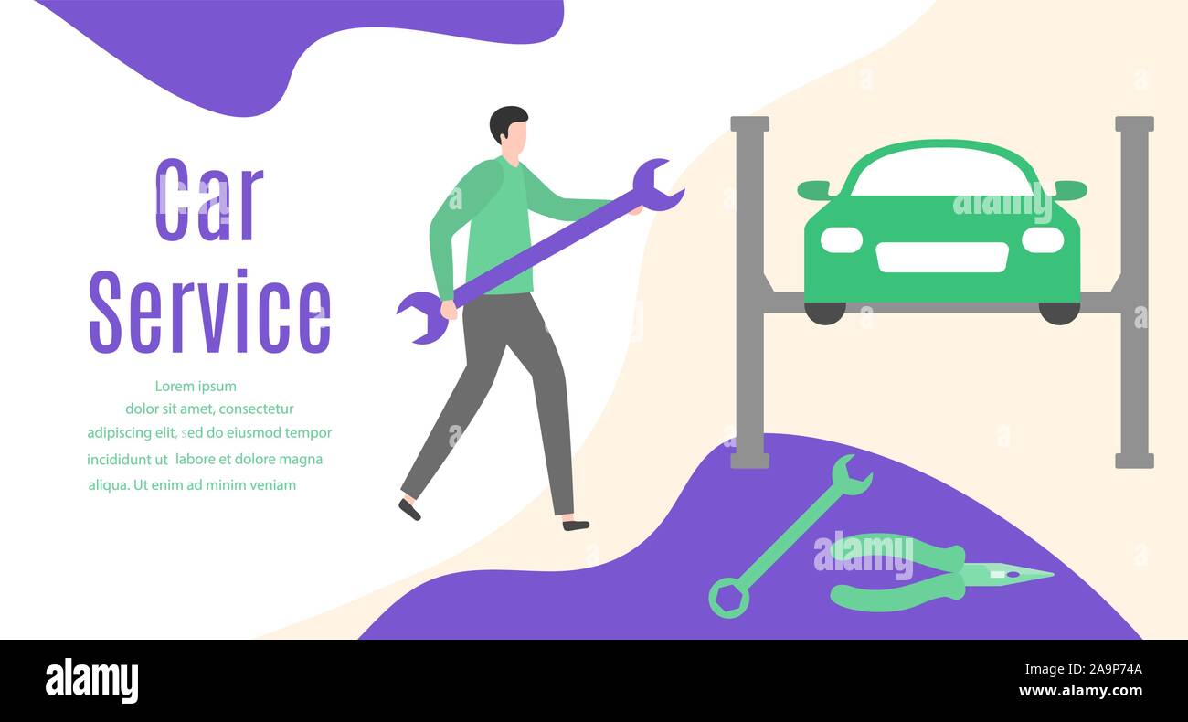 Car service vector illustration concept. Car, man, wheel, repair tools ...