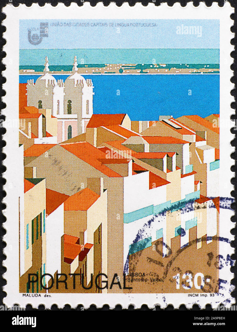 Nice houses of Lisbon on portuguese postage stamp Stock Photo - Alamy