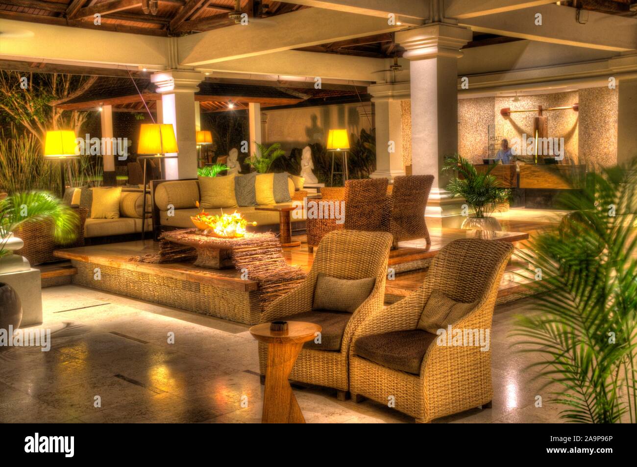 lounge bar interior with tables and chairs and couches at night Stock ...